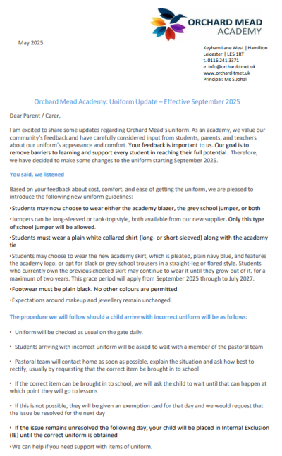 Uniform Update – Effective September 2025 – Orchard Mead Academy | TMET ...